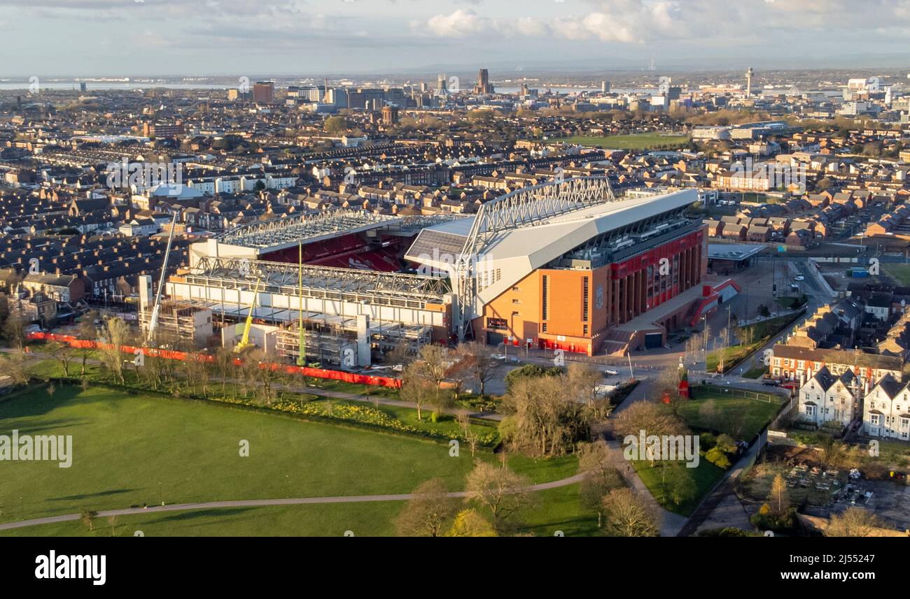General view of construction on the new Anfield Road stand at Anfield ...