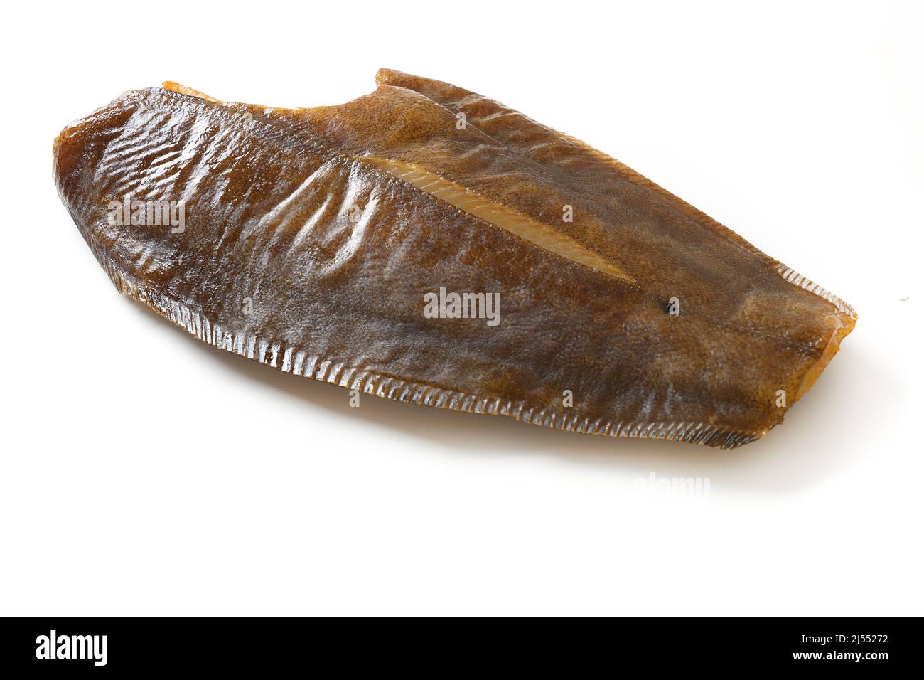 Atlantic salted whole smoked halibut isolated on white background. View ...