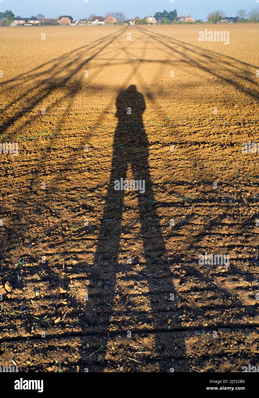 Shadow of an electricity pylon and the photographer in a field in ...