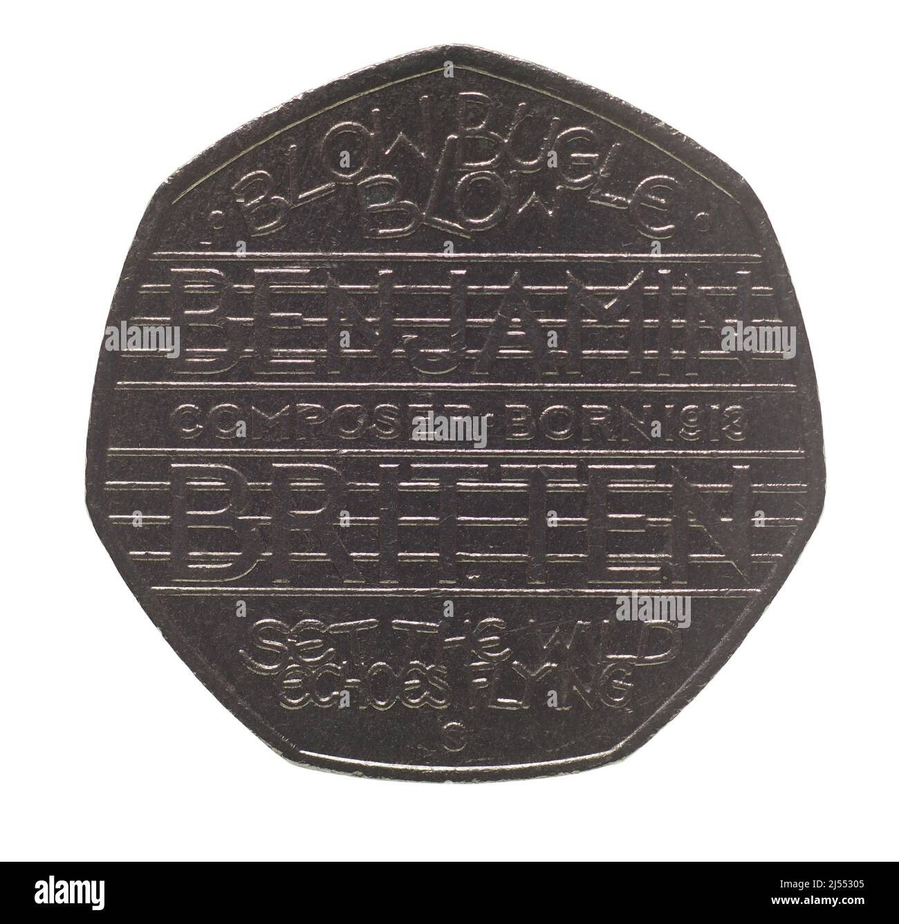 fifty pence coin reverse side, currency of the United Kingdom isolated ...