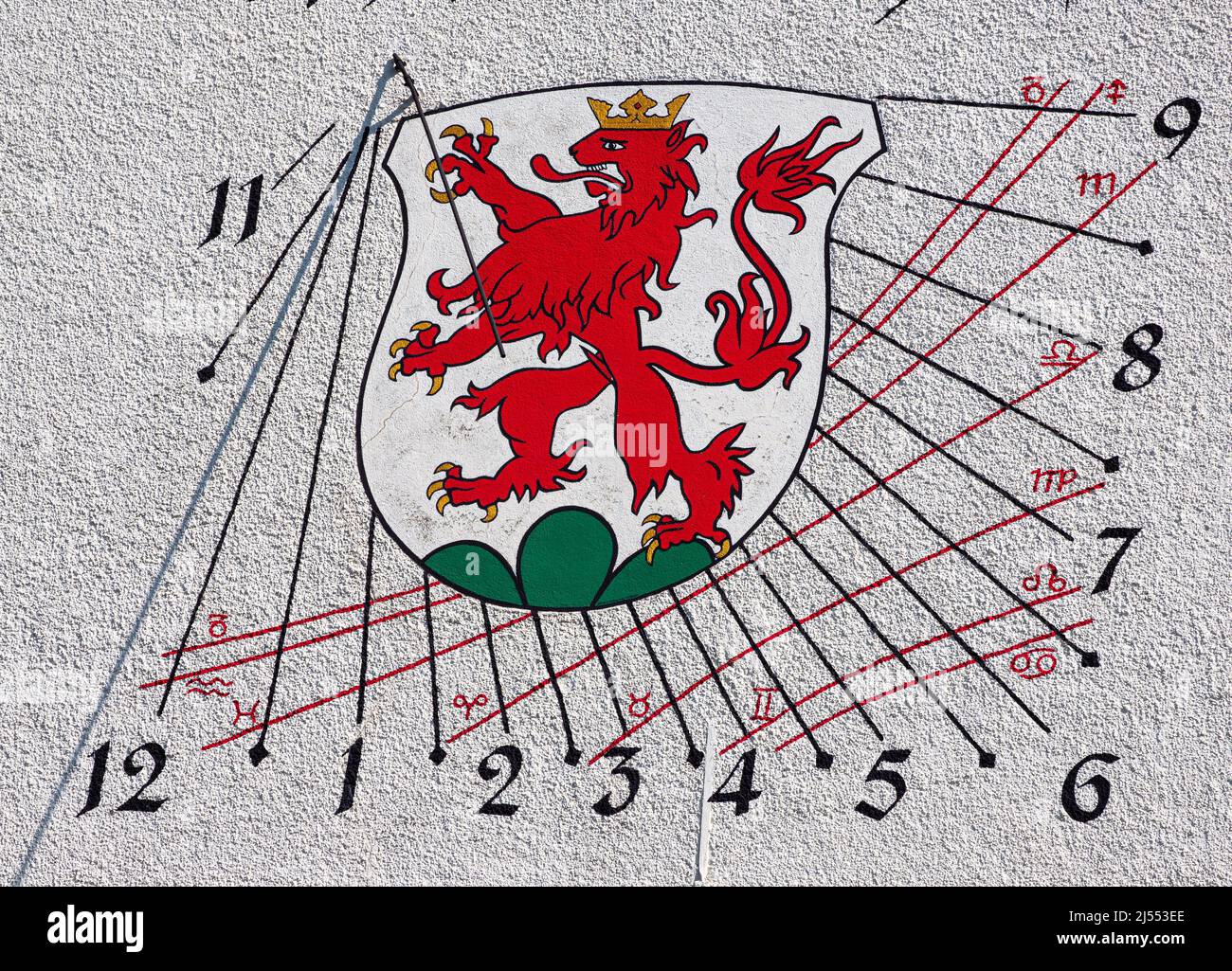 Medieval sundial on the facade in Murten, canton of Friborg ...