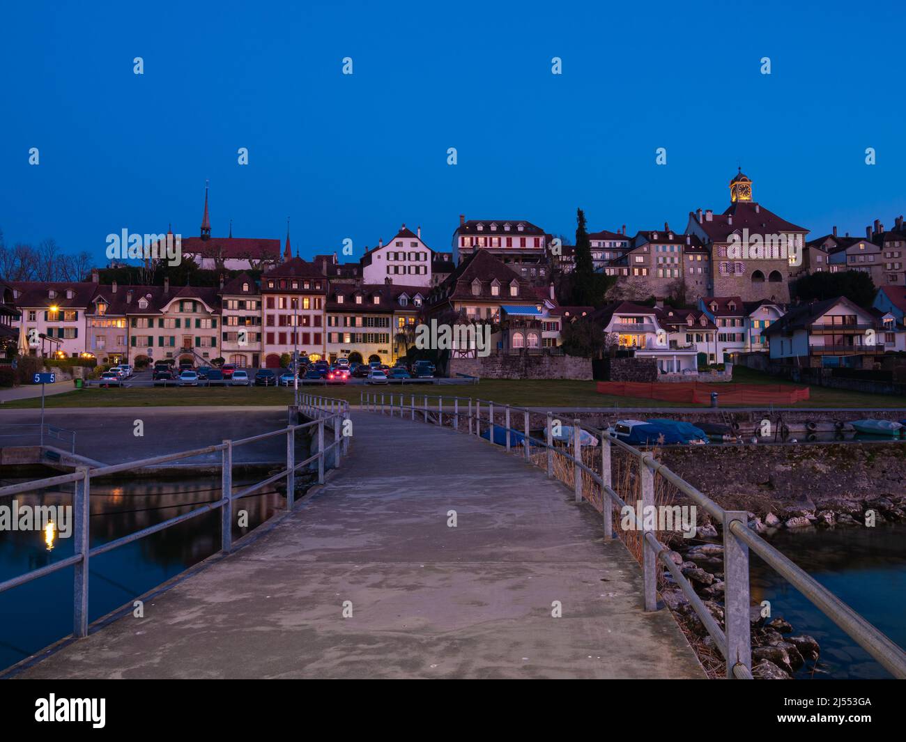 Murten, Switzerland - March 24.2022: Blue hour townscape panorama of ...