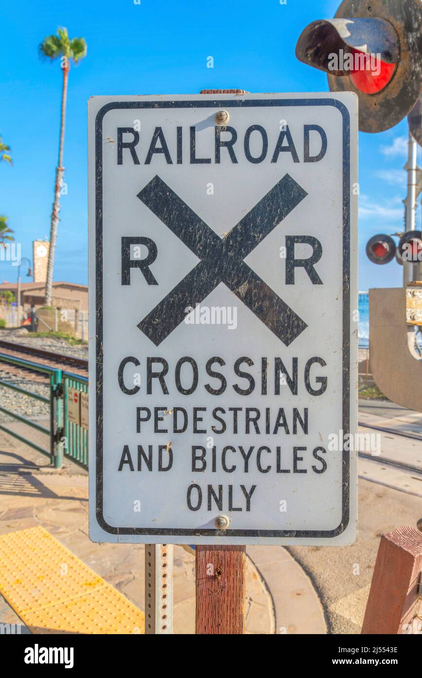 Railroad crossing pedestrian and bicycles only signage at San Clemente ...