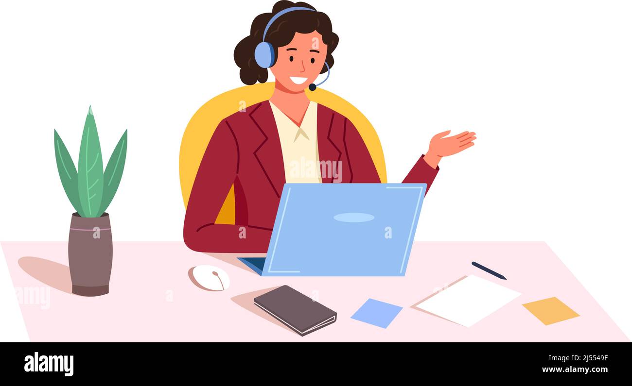 Woman call center operator. Consultant talking phone with laptop ...