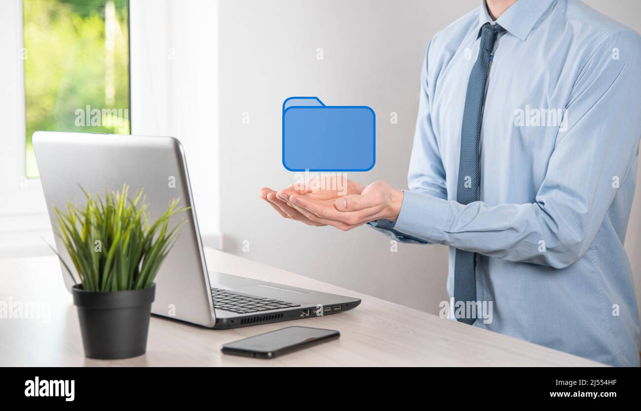 Hand hold folder icon.Document Management System or DMS setup by IT ...