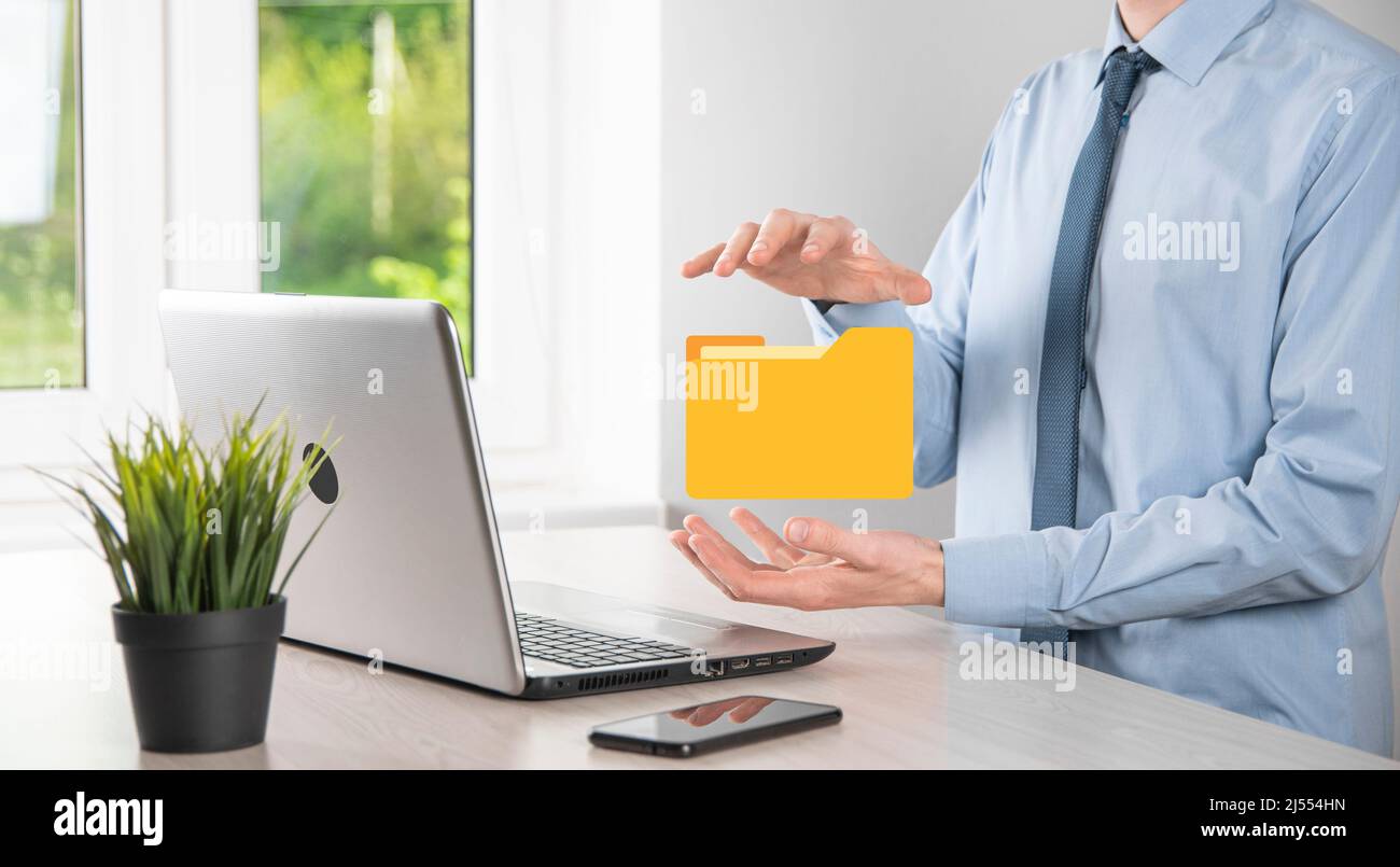 Businessman hold folder icon.Document Management System or DMS setup by ...