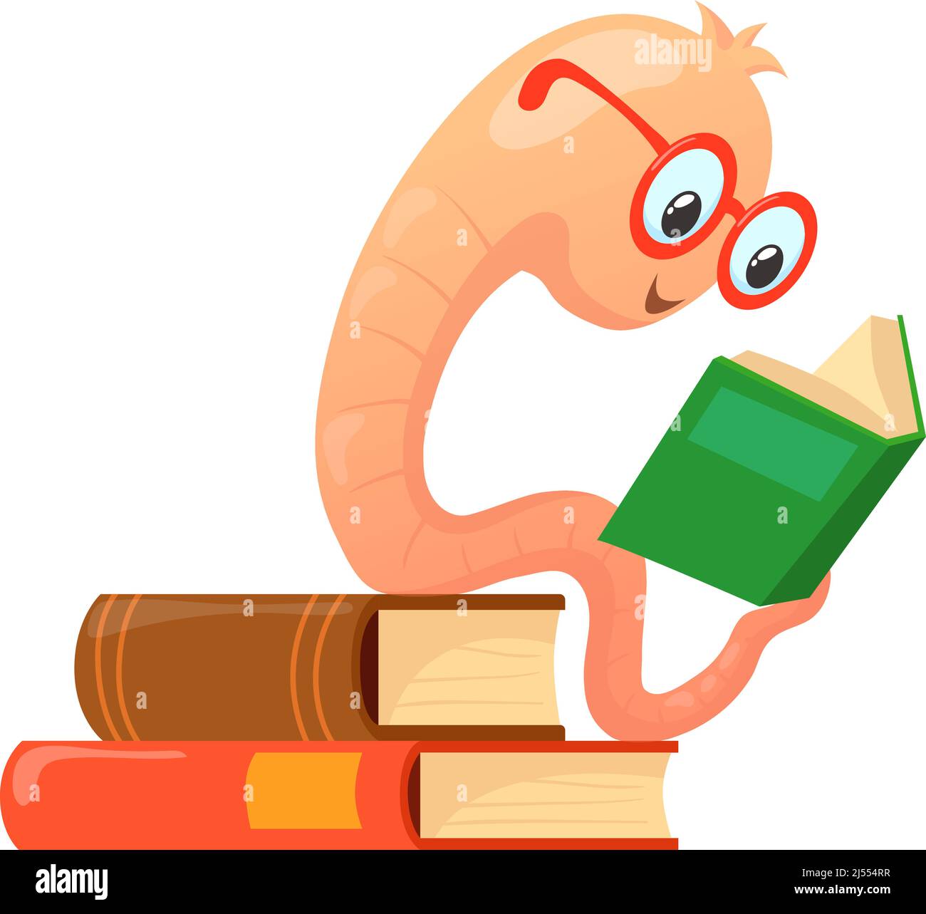Worm read book. Funny bookworm character grub in stack information ...