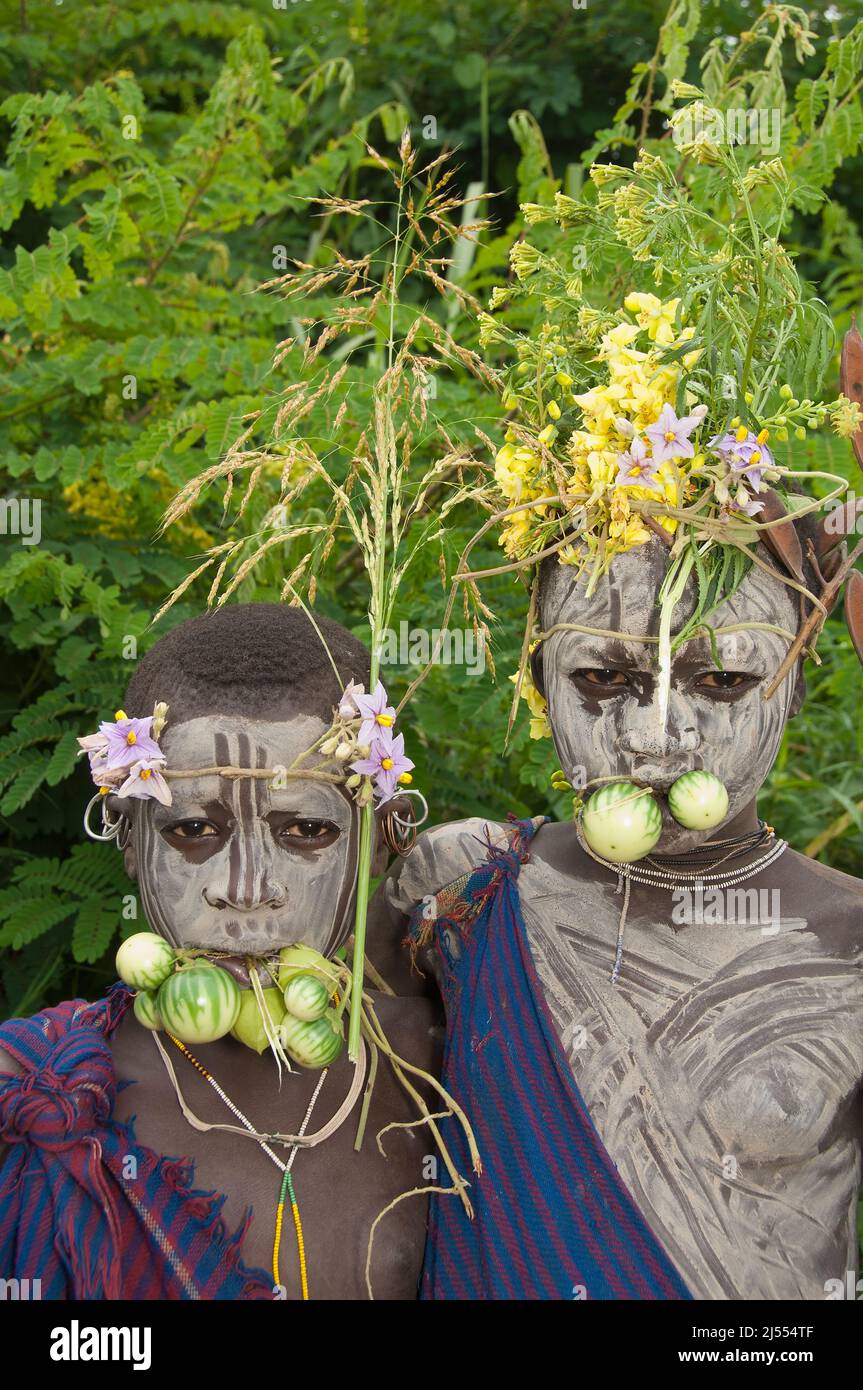 Two Surma children with body paintings, Tulgit, Omo River Valley ...