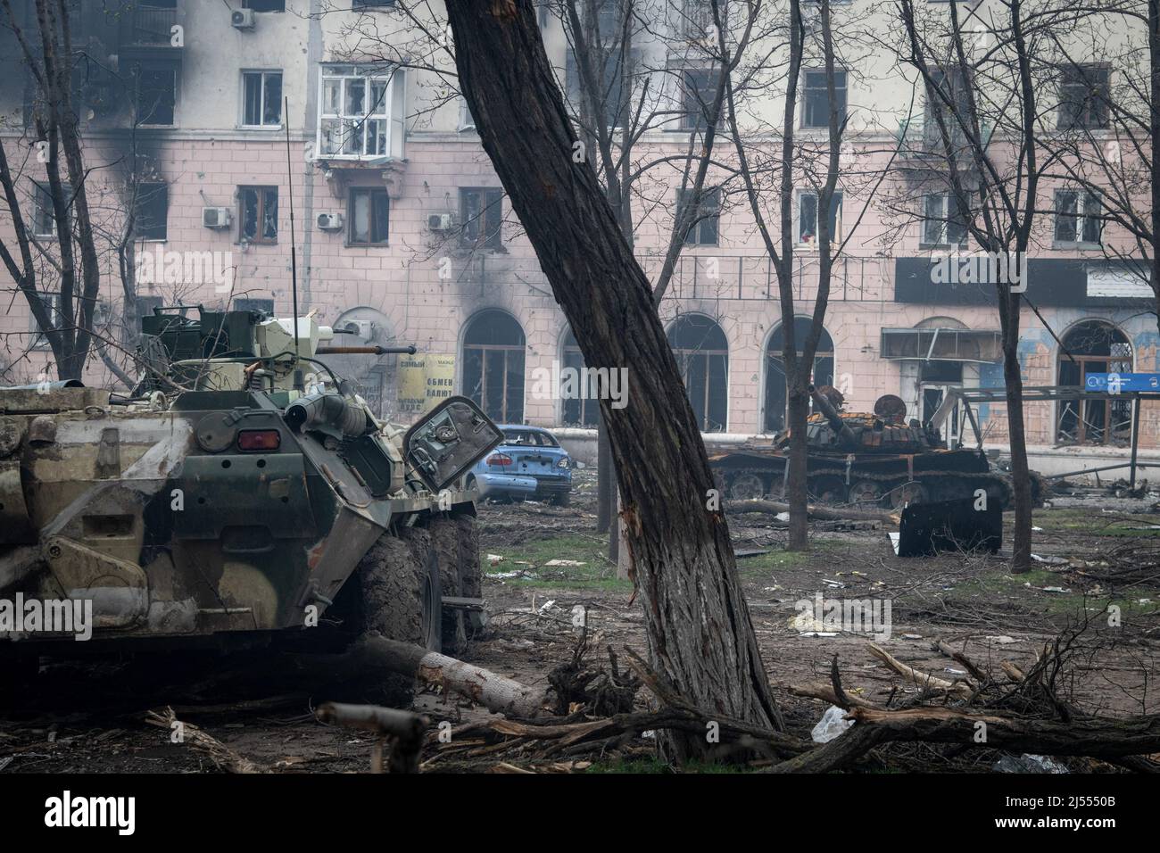Mariupol, Ukraine. 15th Apr, 2022. Destroyed armour left after fierce ...