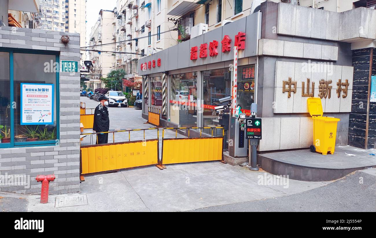 SHANGHAI, CHINA - APRIL 18, 2022 - The entrance of a gated community on ...