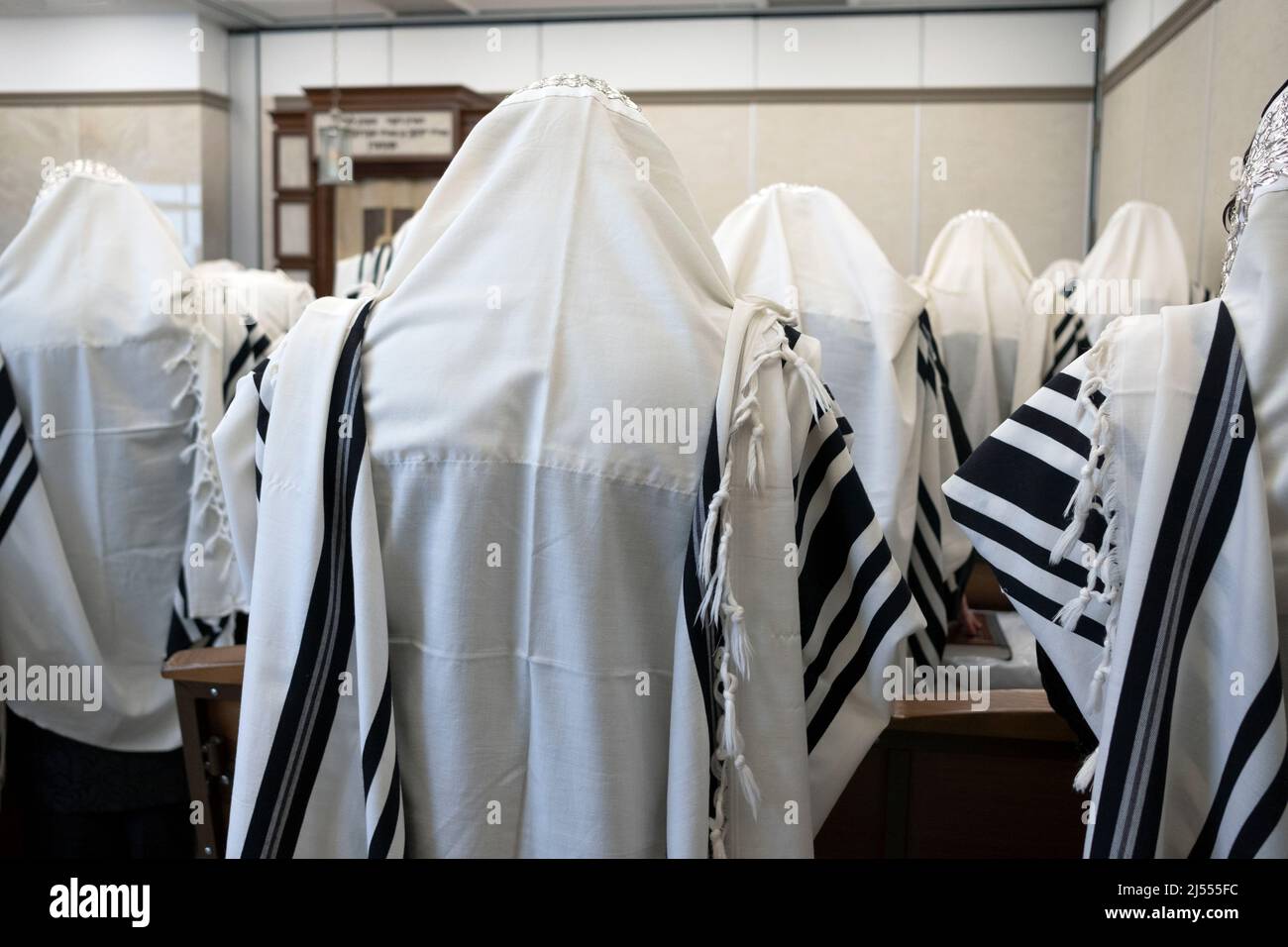 A group of men wearing prayer shawls at morning prayers in the Vein ...