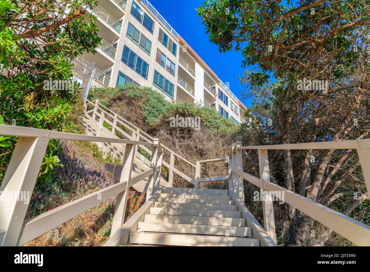 Outdoor beige wooden stairs on a slope at San Clemente, California ...