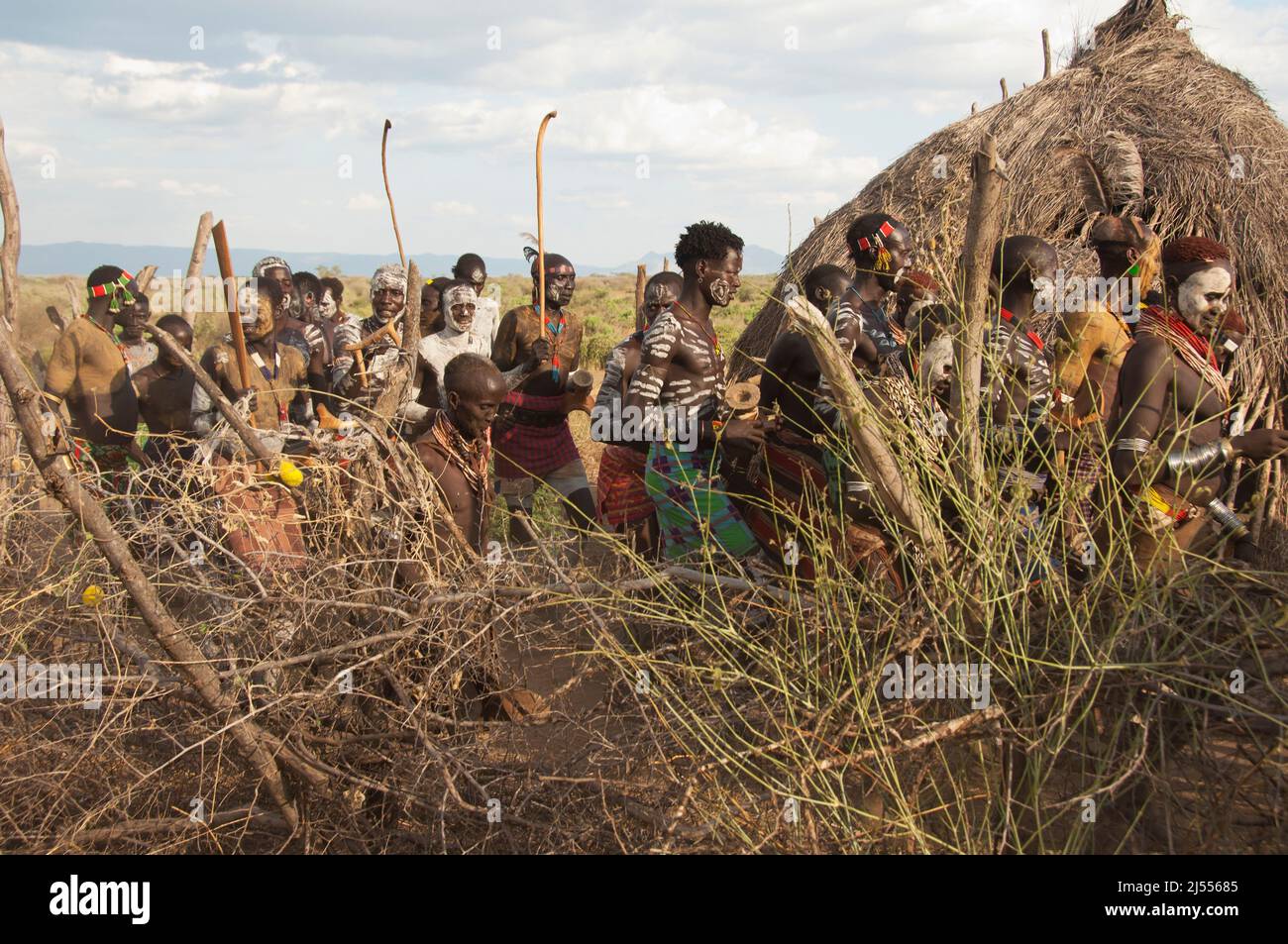 Karo people with body paintings participating in a tribal dance ...