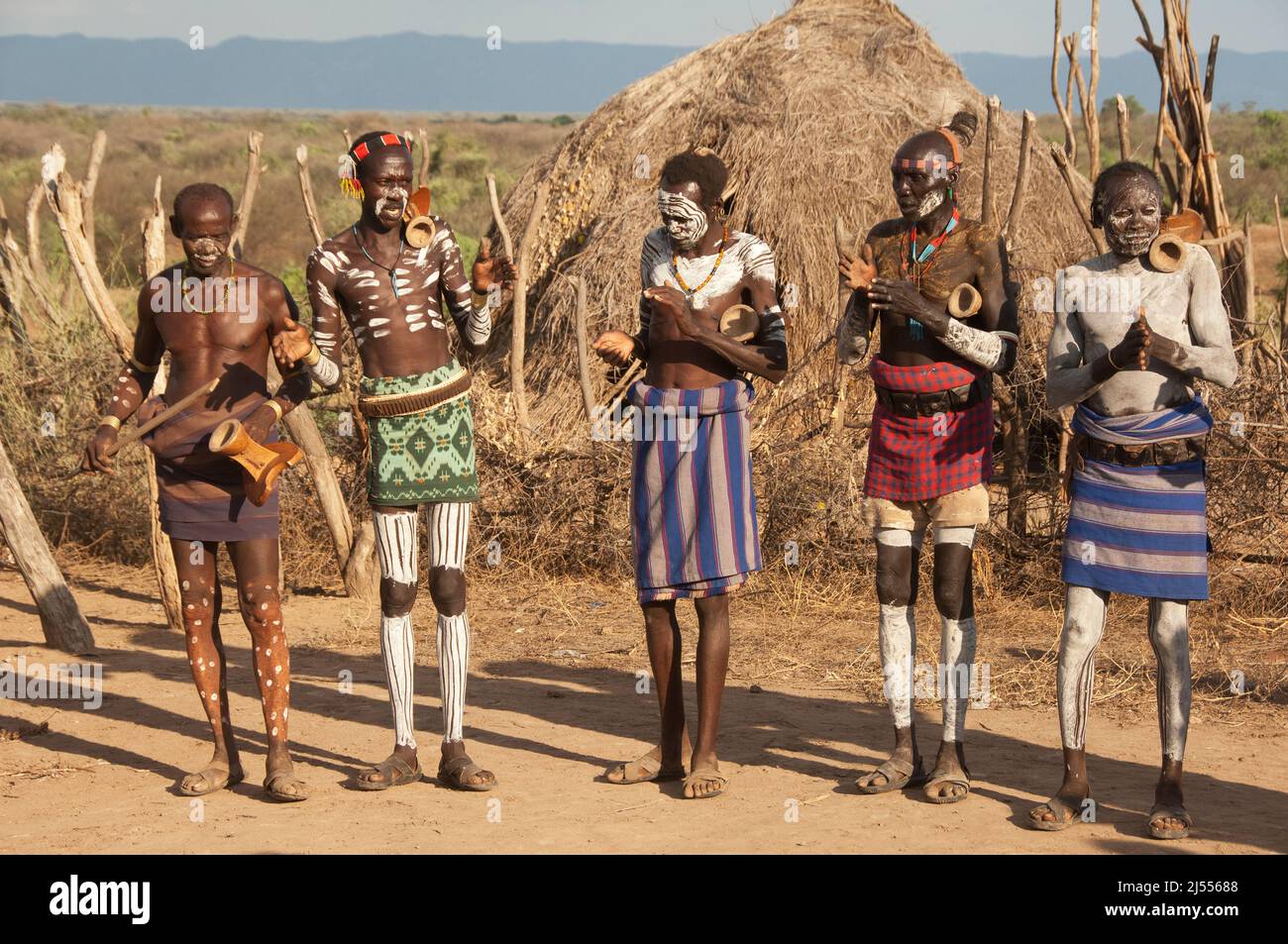Karo people with body paintings participating in a tribal dance ...