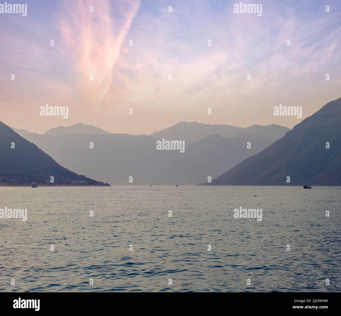 Sunset, beautiful landscape with silhouettes of trees. Travel concept ...