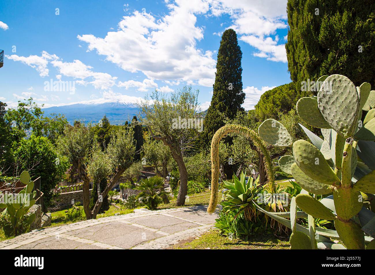 Villa Comunale Park in Taormina, in Sicily, Italy. Beautiful tropical ...