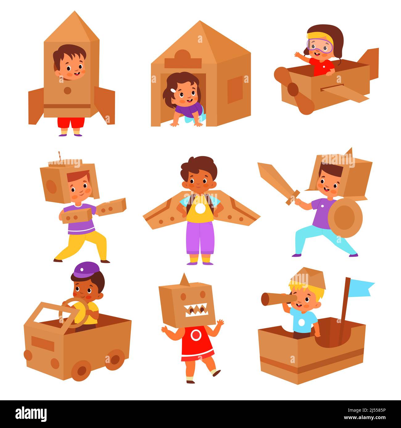 Kids cardboard boxes. Cartoon children characters make cardboard ...