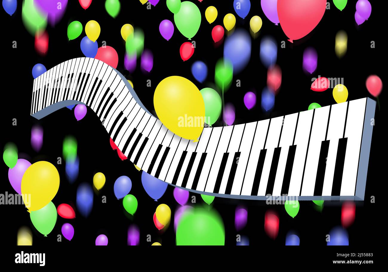 A piano keyboard is seen with floating party balloons in a 3-d ...