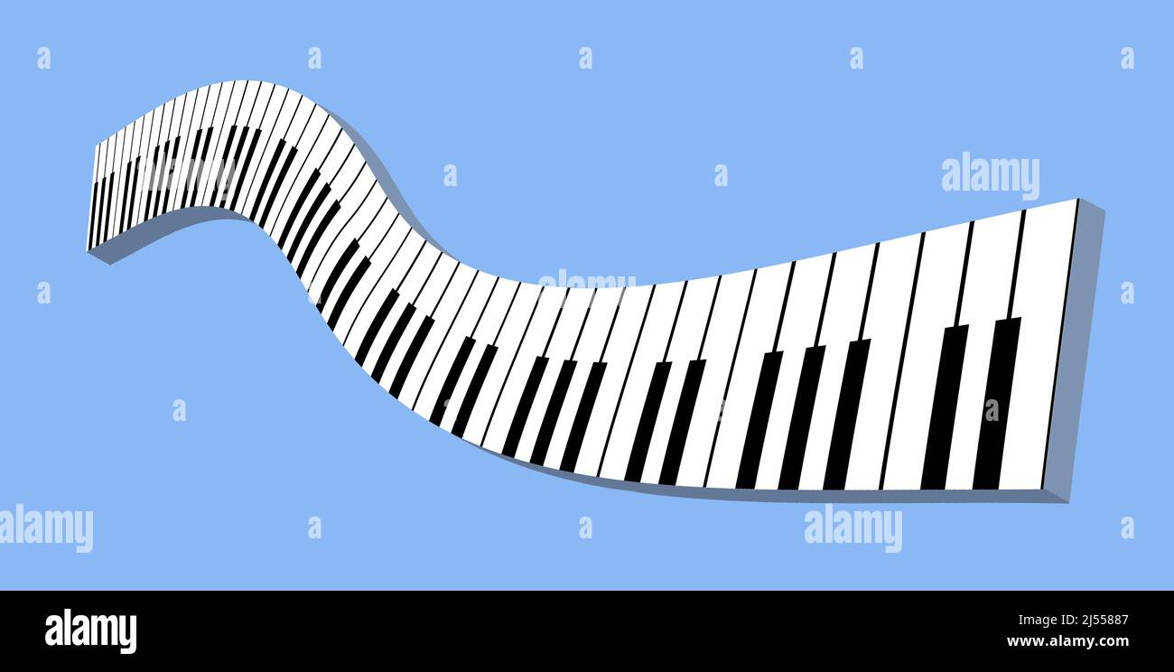 A piano keyboard is seen twisting and floating, isolated on the ...