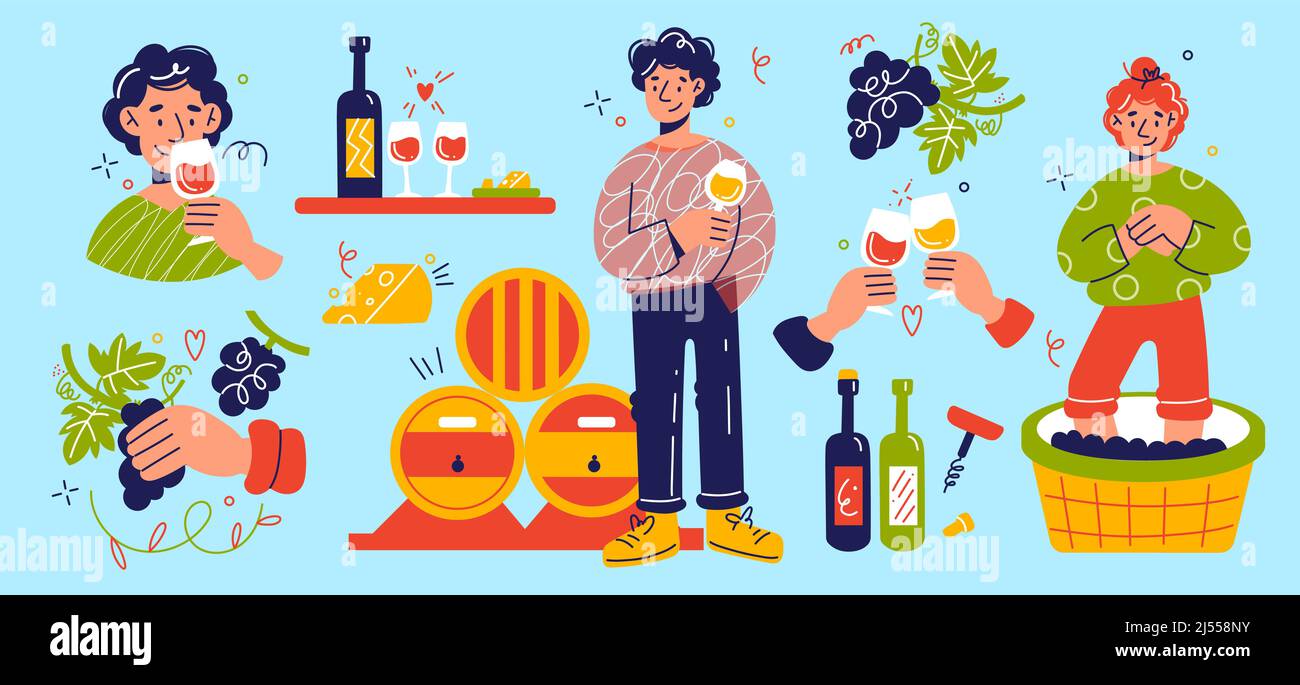 People winemakers. Grape harvest, winegrowers and sommeliers characters ...