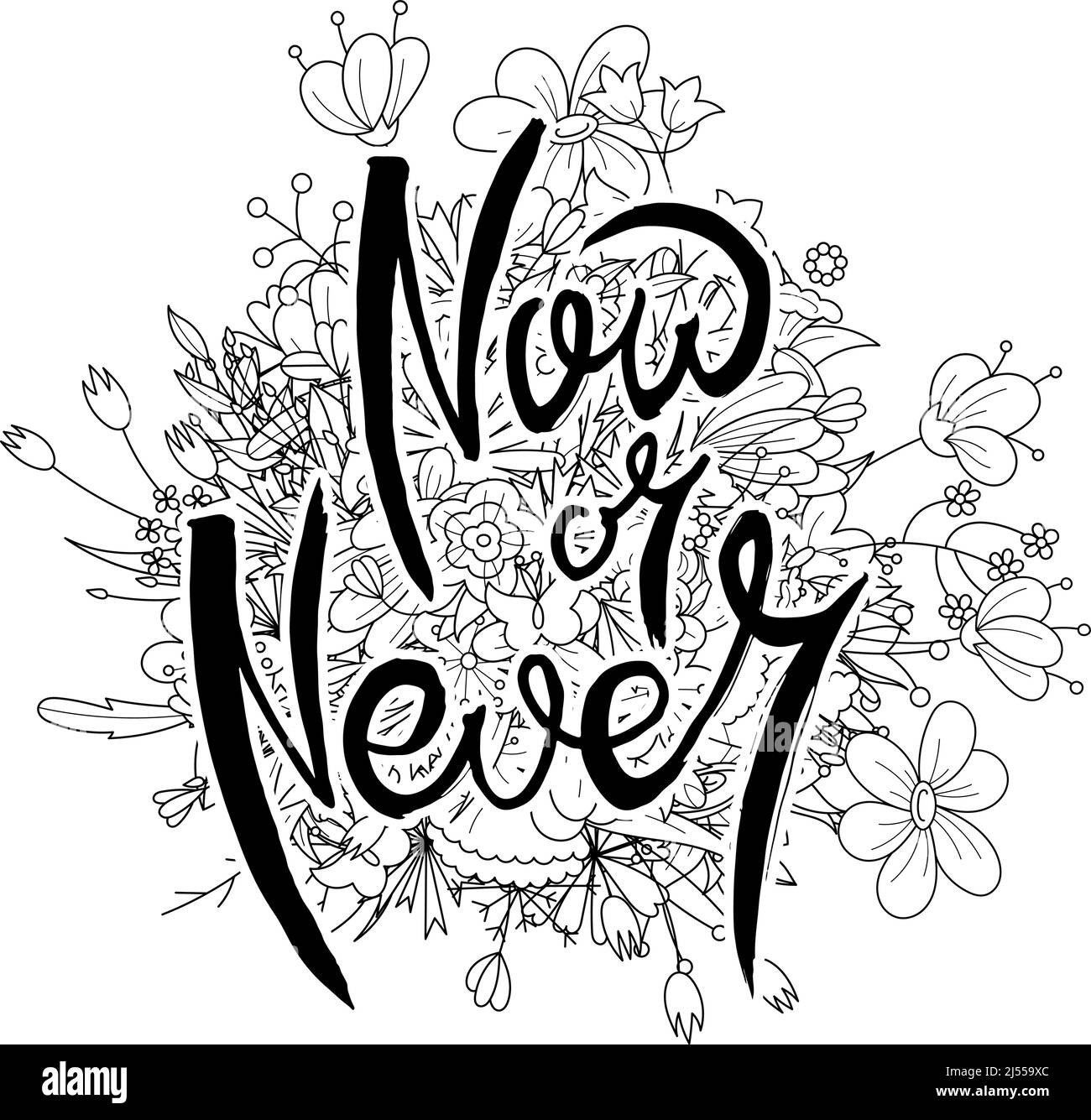 Now Or Never. Hand lettering grunge card with flower background ...