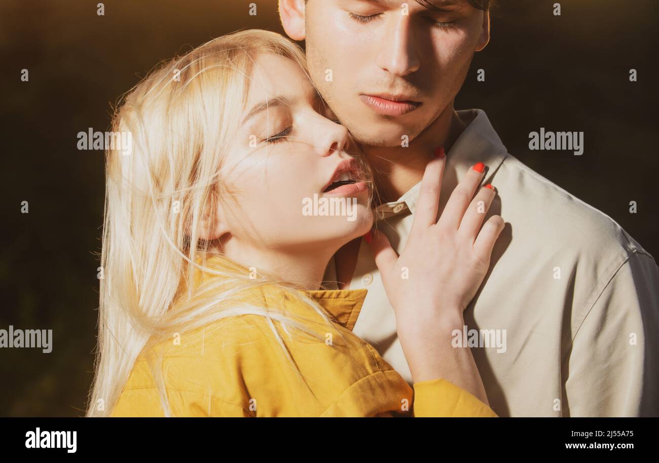 Young couple in love spends time together. Tenderness couple touch. Man ...