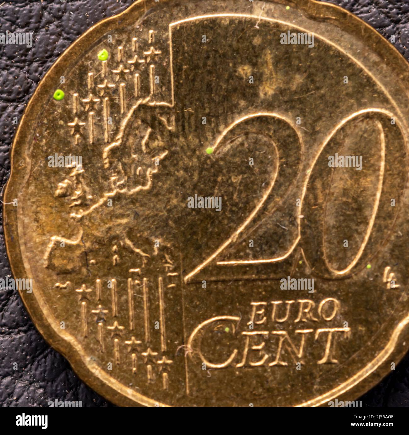 Close up shot of twenty euro cents with map of Europe on the coin face ...
