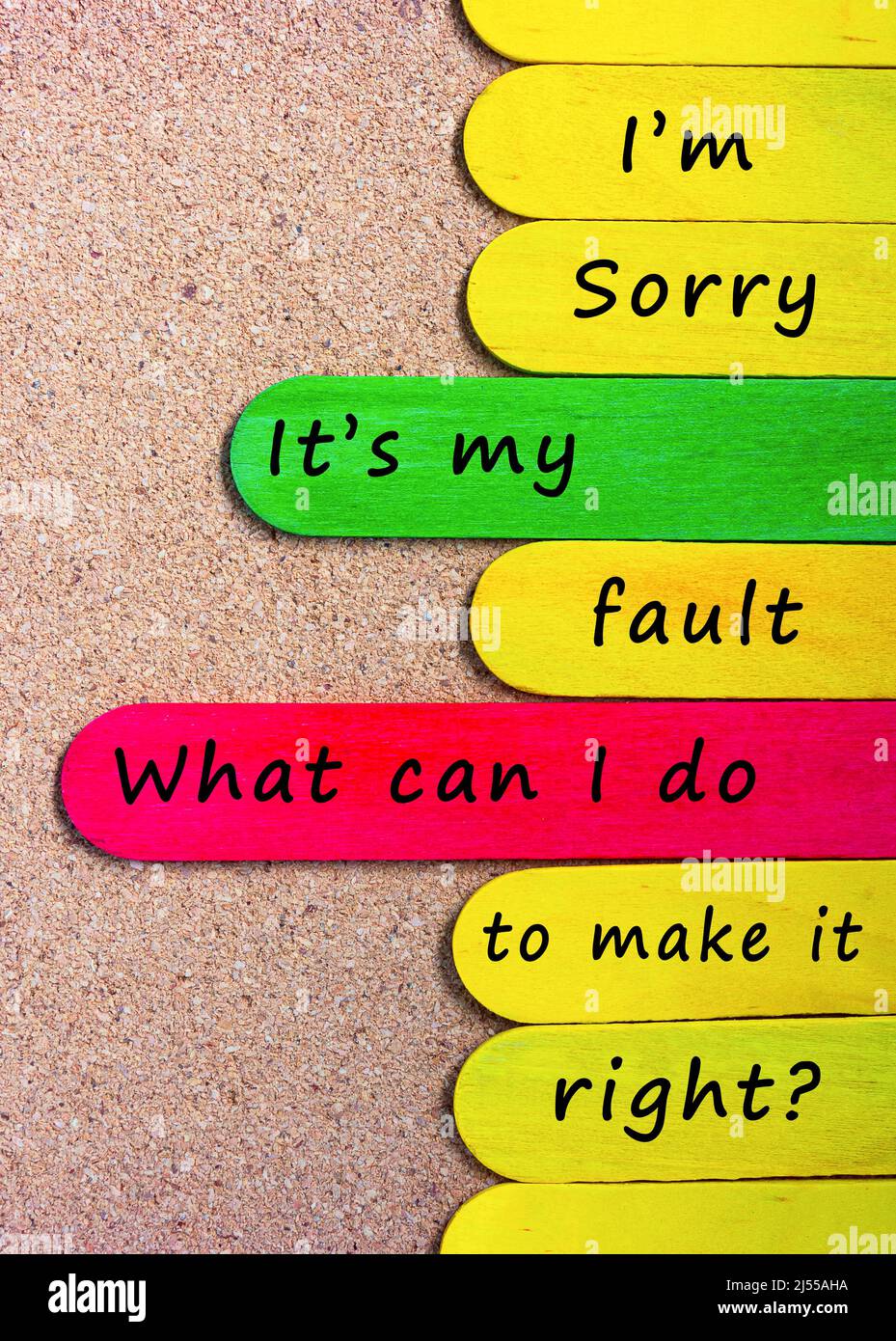 Motivational quote on colorful wooden stick - I'm sorry, it's my fault ...