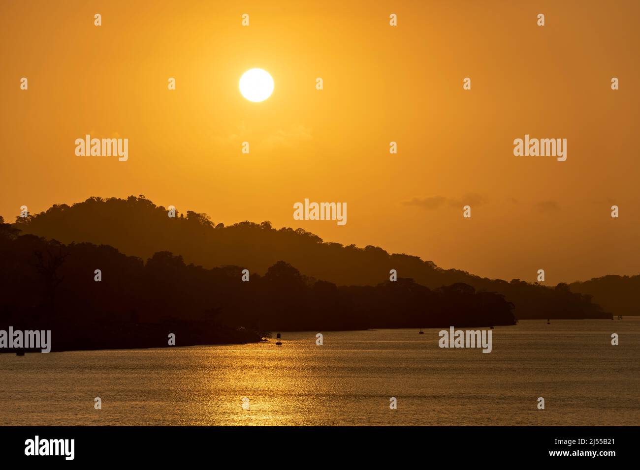 Sunset over the panama canal and its tropical jungles, Panama, Central ...