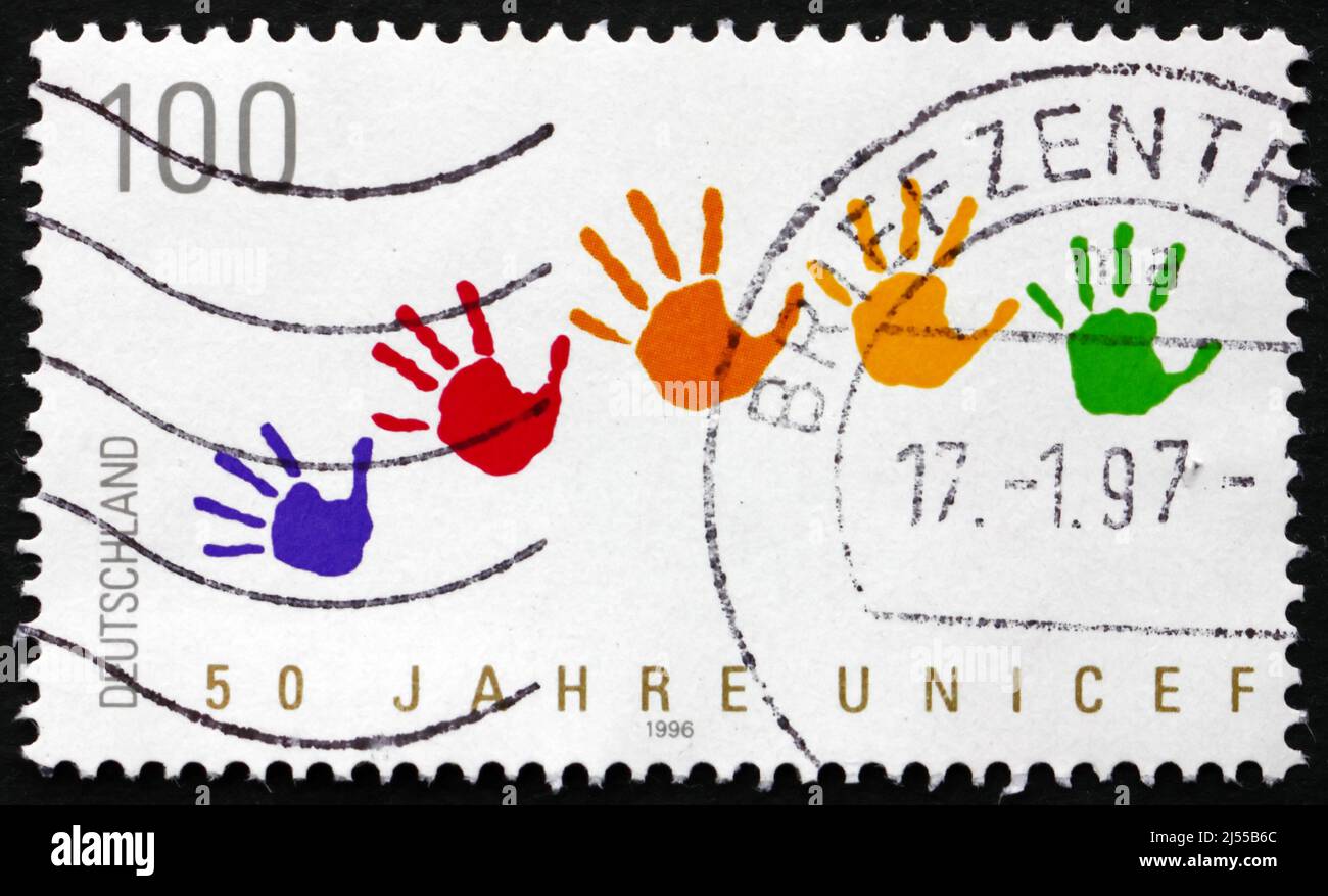 GERMANY - CIRCA 1996: a stamp printed in the Germany shows Handprints ...