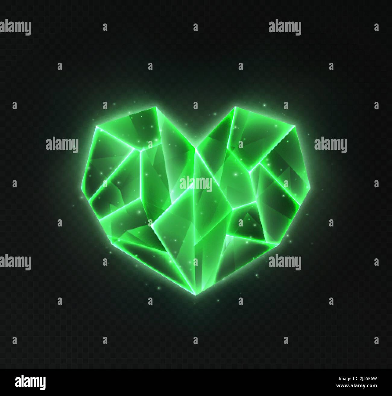 Realistic heart shaped crystal, green glowing gem isolated on dark ...