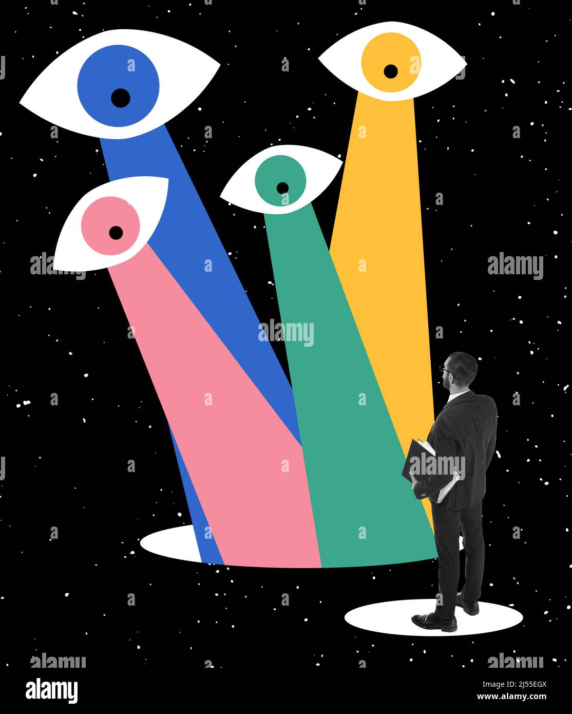 Contemporary art collage. Businessman standing under many eyes ...