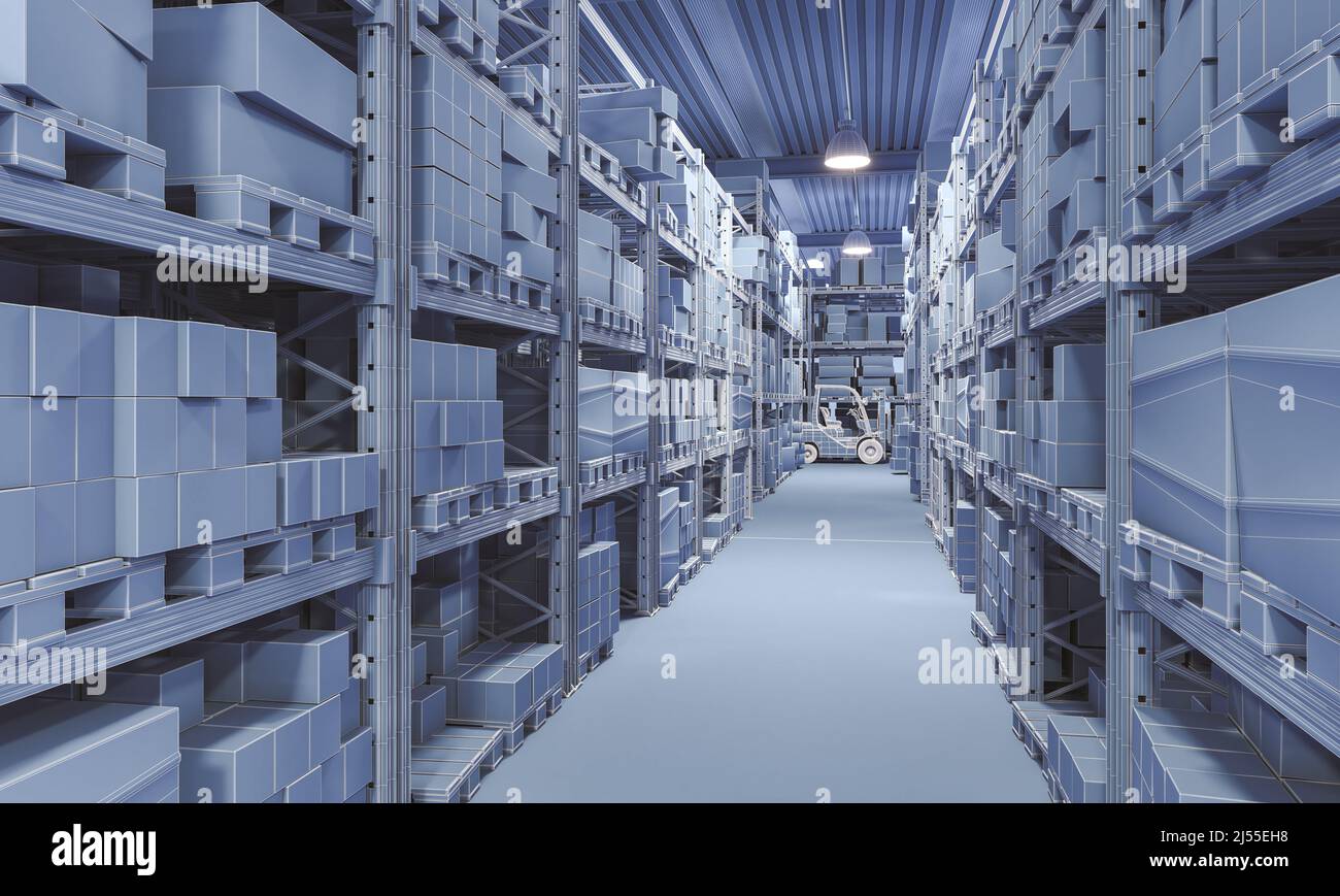 interior of a warehouse. blue tone. 3d render wireframe view Stock ...