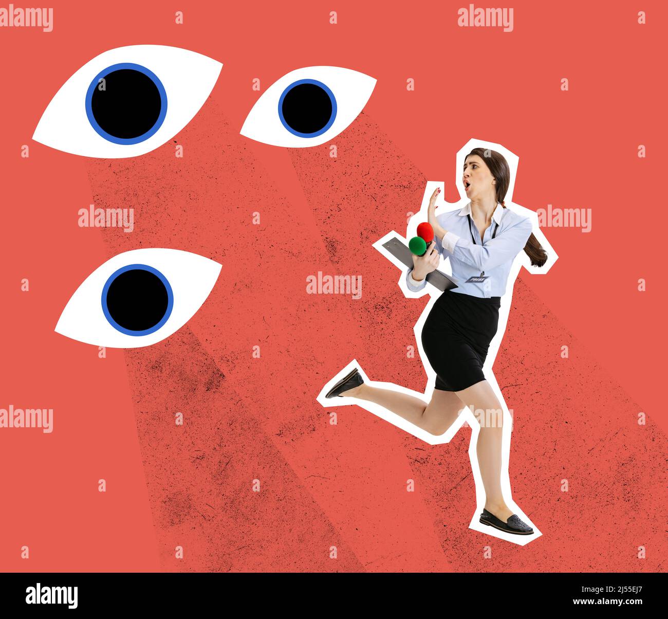 Contemporary art collage. Woman, journalist running from many eyes ...