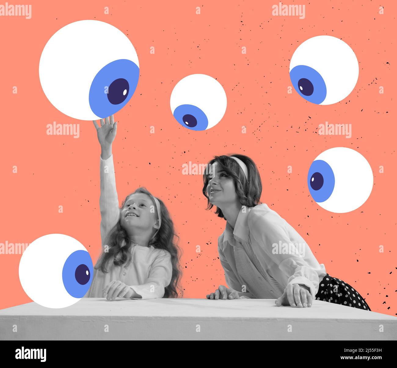 Contemporary art collage. Mother and little daughter sitting under many ...