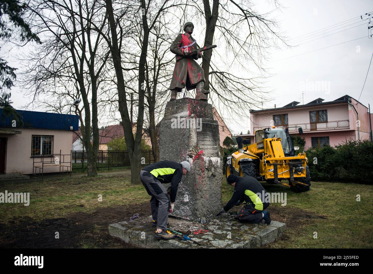 The monument of a Red Army soldier smeared with red paint is seen in Siedlec during its ...