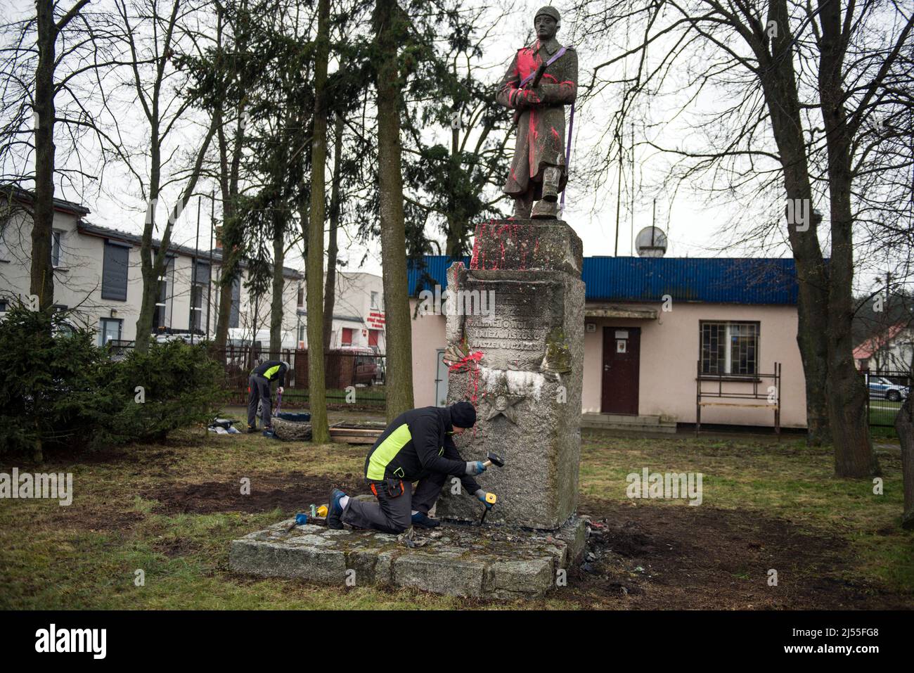 The monument of a Red Army soldier smeared with red paint is seen in Siedlec during its ...