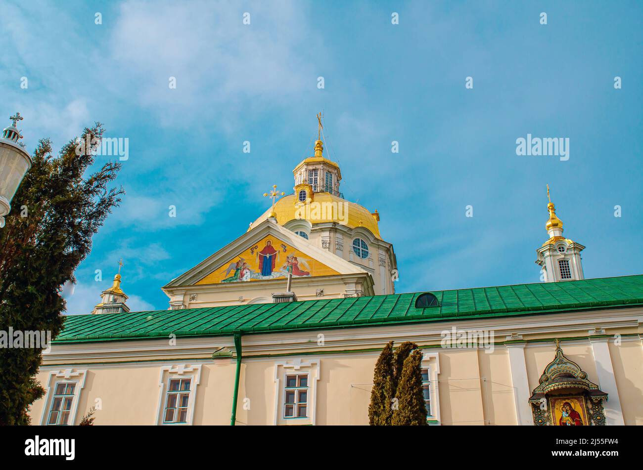 Bottom view of religious orthodox building. Golden domes, cross ...