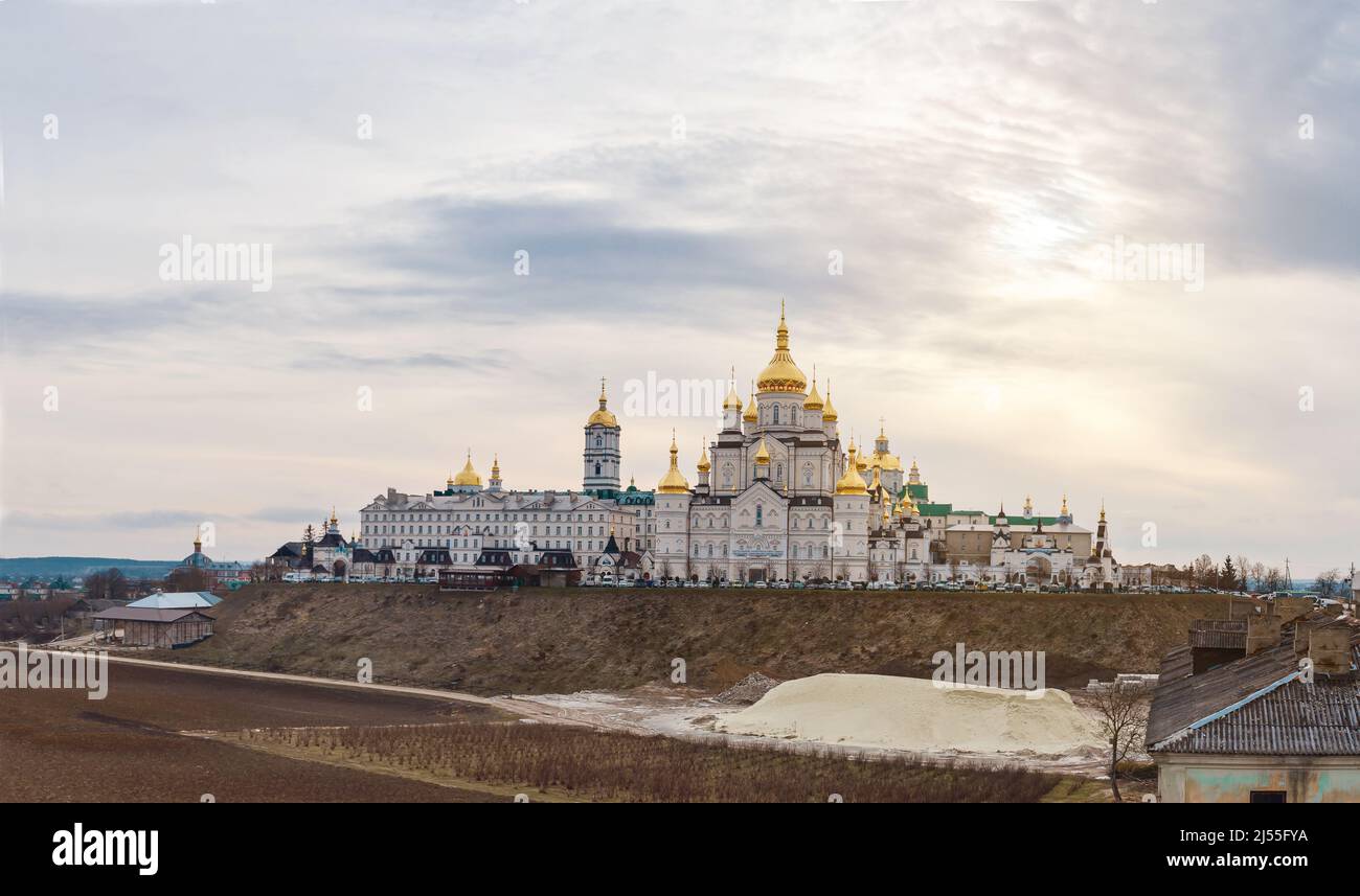 Majestic Orthodox religious building. Holy Dormition Pochaiv Lavra in Ukraine. Panoramic view ...