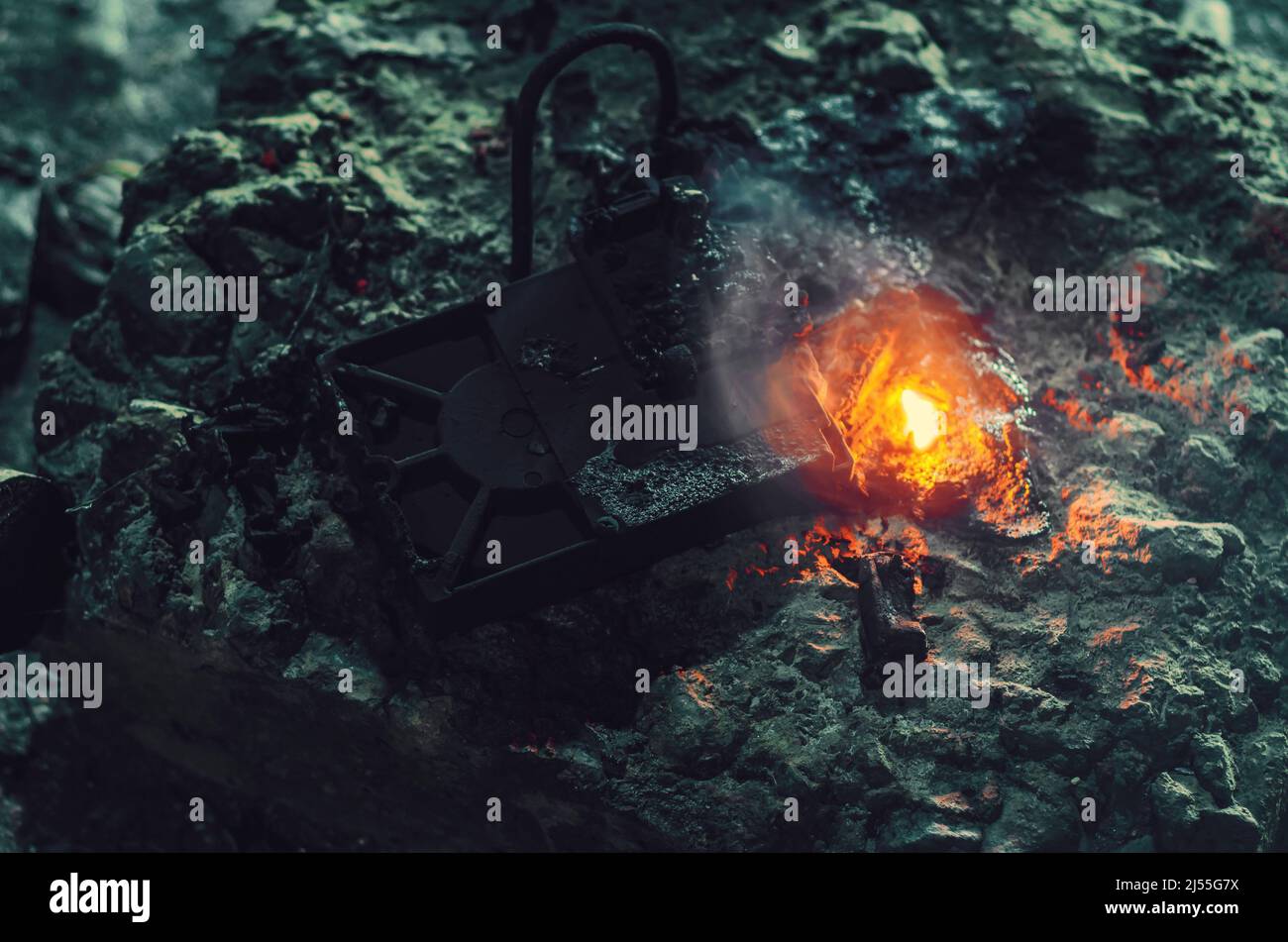 Hearth is extinguished. Objects that were burned. Ashes of hearth. Weak ...