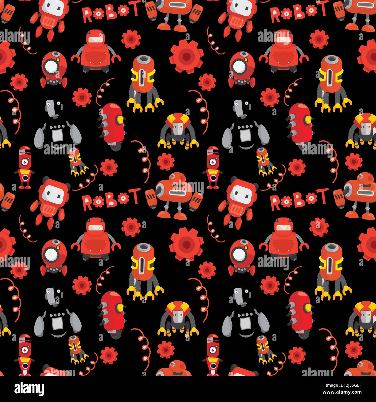 Red robot seamless pattern black background with little red robotic ...