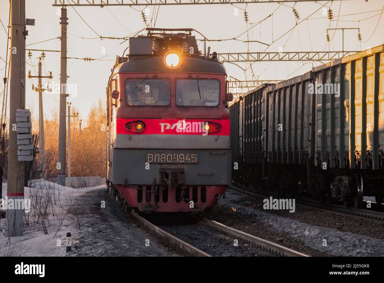 SHARYA, RUSSIA - MARCH 19, 2022: Soviet electric locomotive VL80t-1945 ...