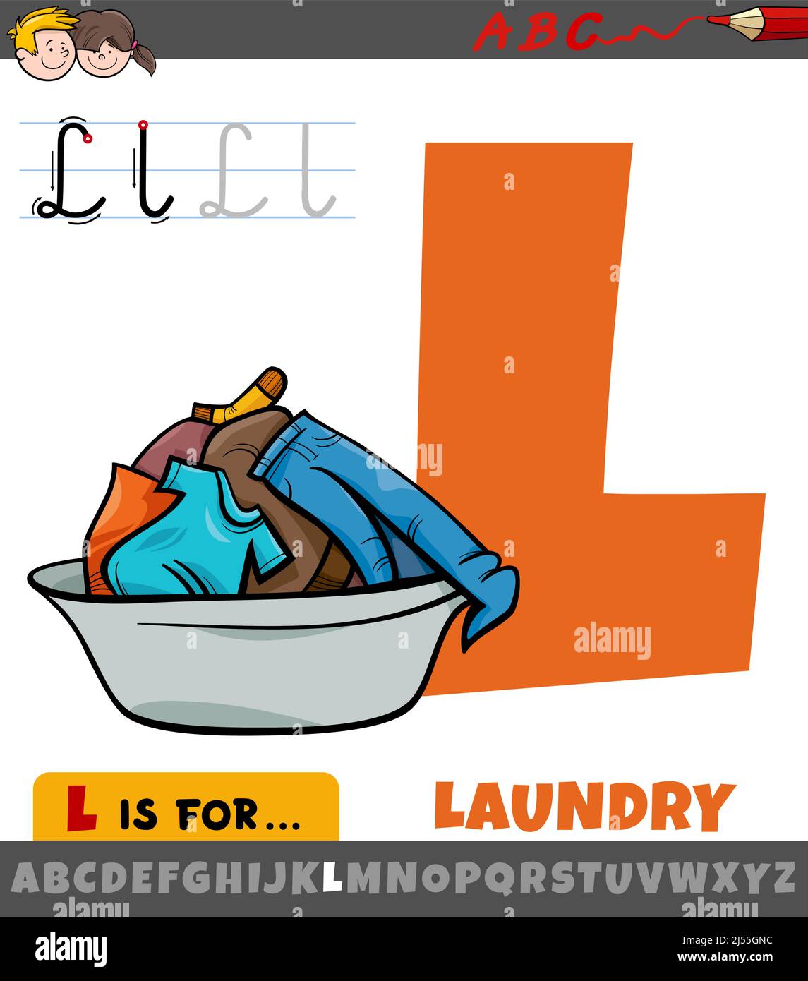 Educational cartoon illustration of letter L from alphabet with laundry ...