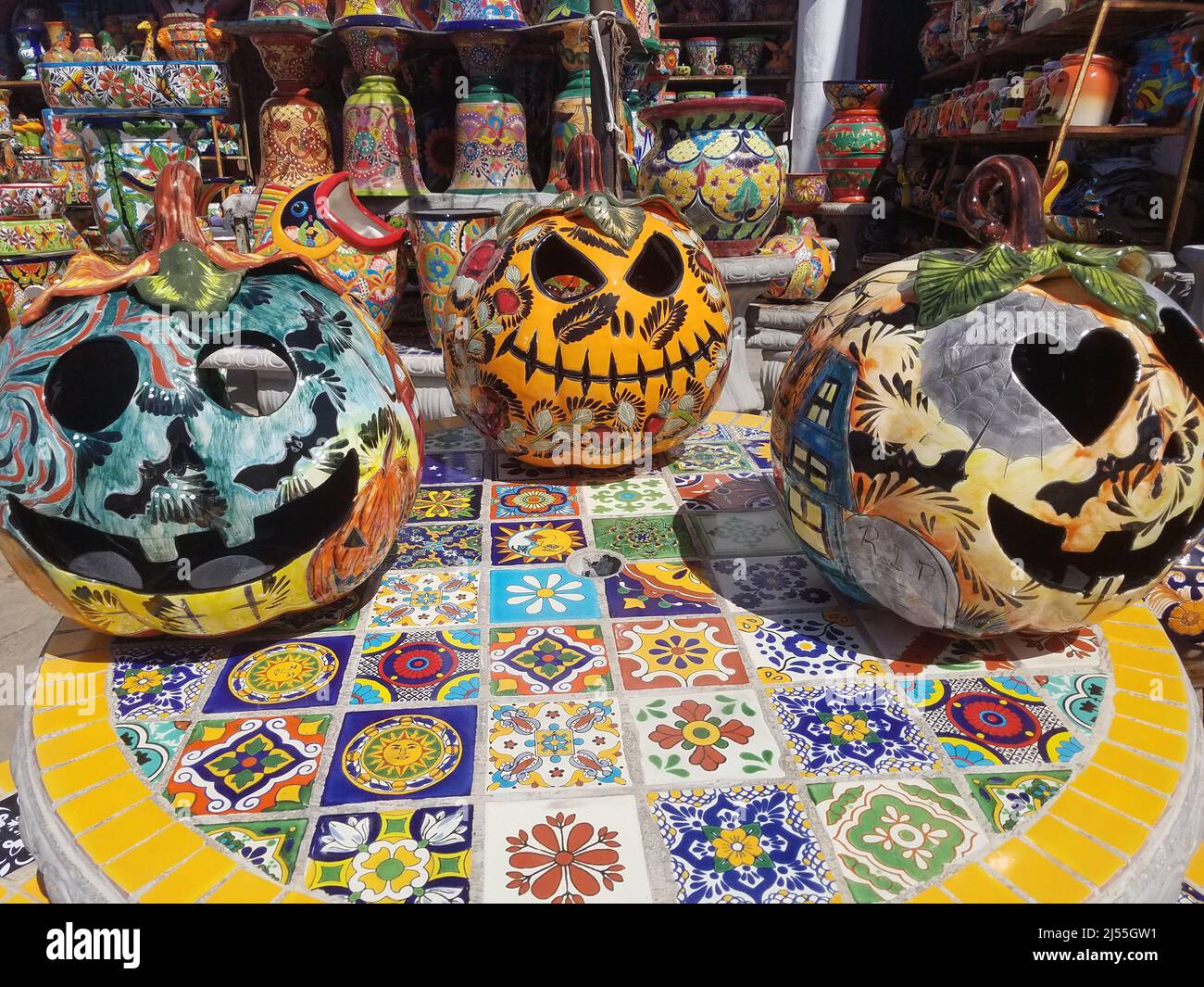 Mexican talavera pumpkins and products, Baja California Stock Photo - Alamy