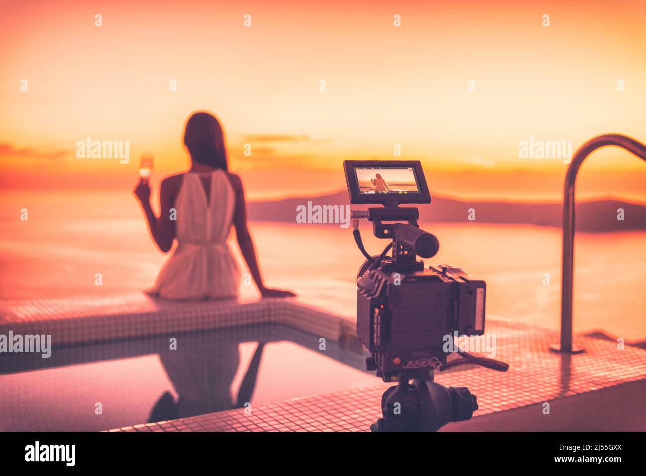 Videography behind the scene video camera shooting movie at sunset ...