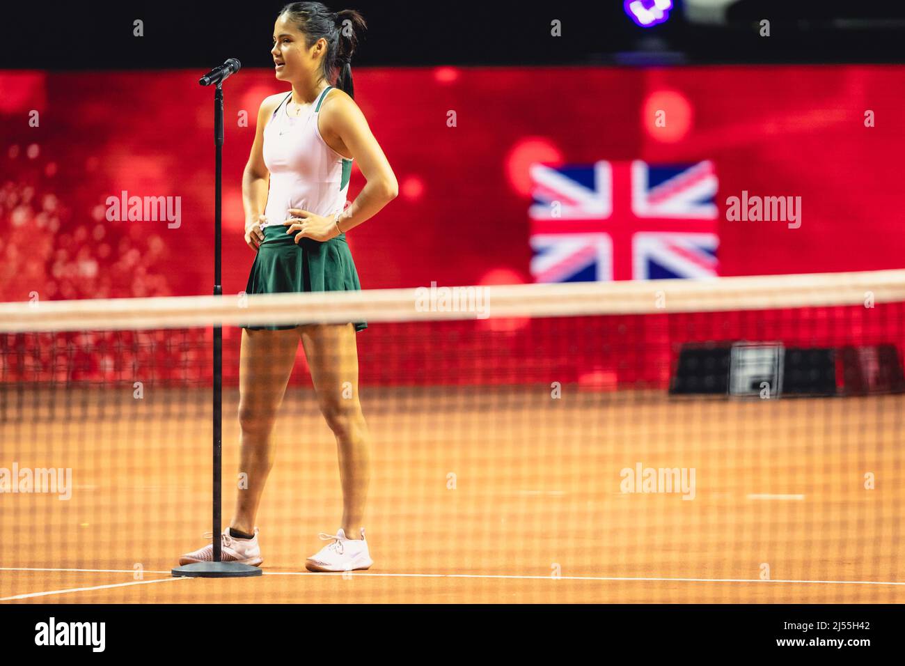 Stuttgart, Germany. 20th Apr, 2022. Emma Raducanu is interviewed following her win in her 1st ...
