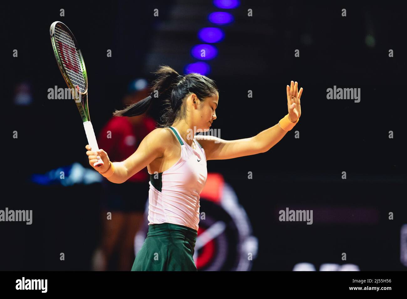Stuttgart, Germany. 20th Apr, 2022. Emma Raducanu of Great Britain in action during her 1st ...