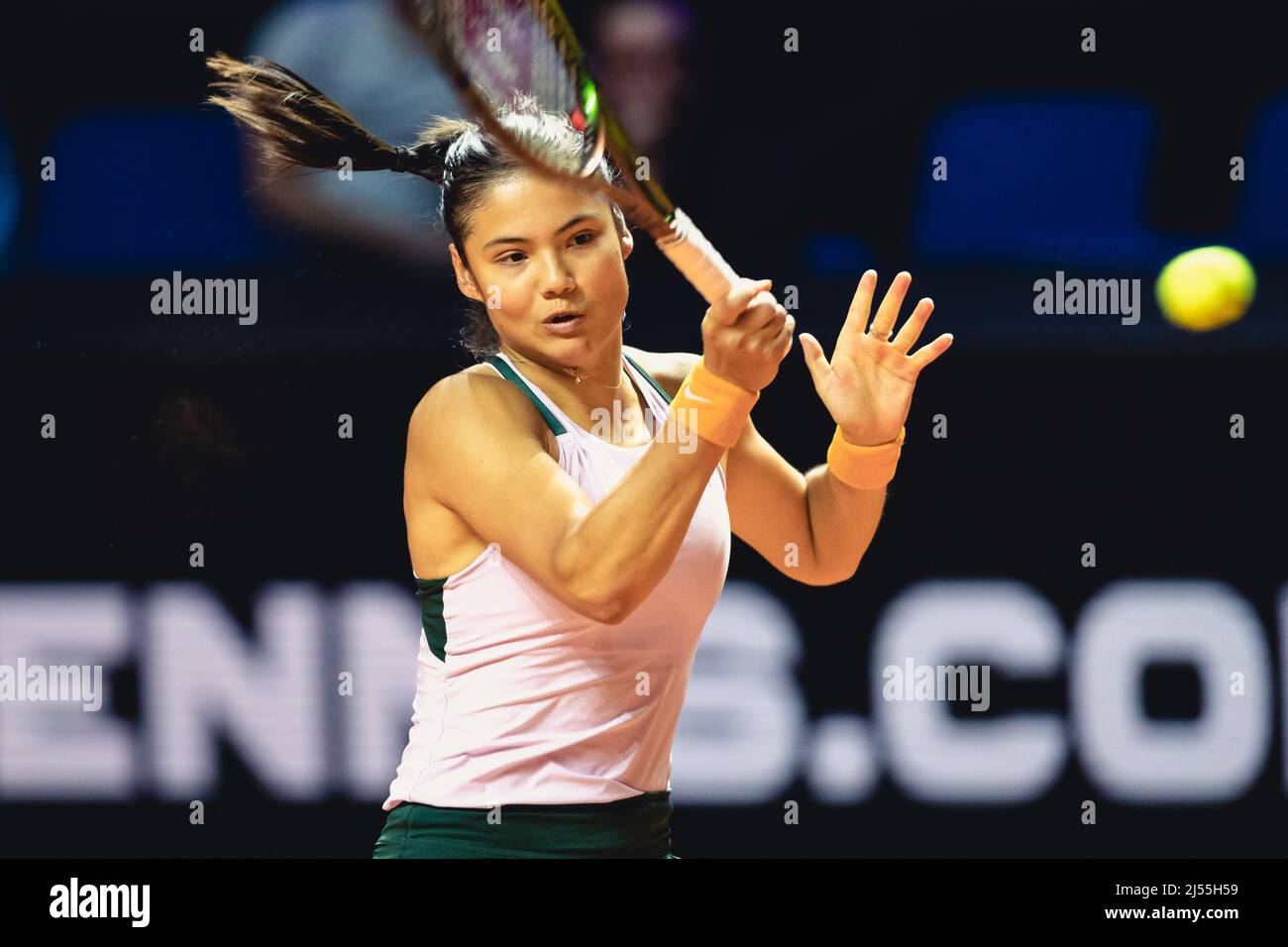 Stuttgart, Germany. 20th Apr, 2022. Emma Raducanu of Great Britain in action during her 1st ...