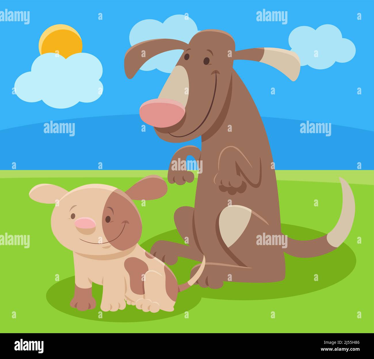 Cartoon illustration of dog mom animal character with little puppy ...