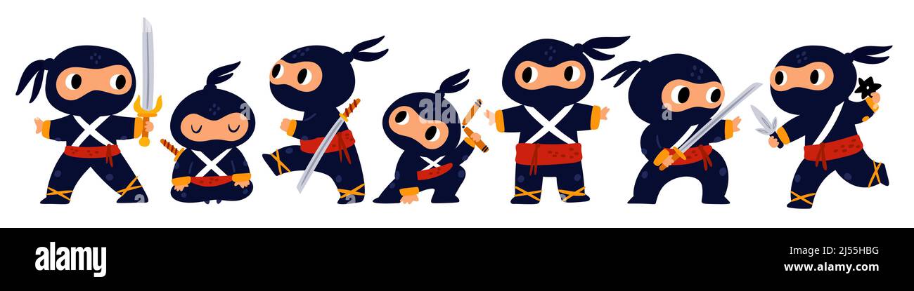 Cartoon ninja character. Japanese warrior mascot. Different poses and ...